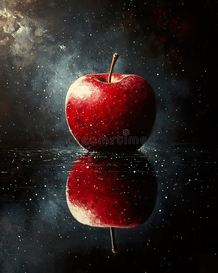 A Red Apple Reflects in Dark Cosmic Waters Stock Illustration ...
