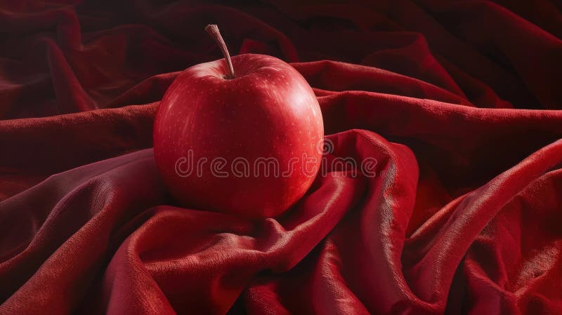 Red Apple Resting on Red Satin Fabric Close-Up Stock Illustration ...