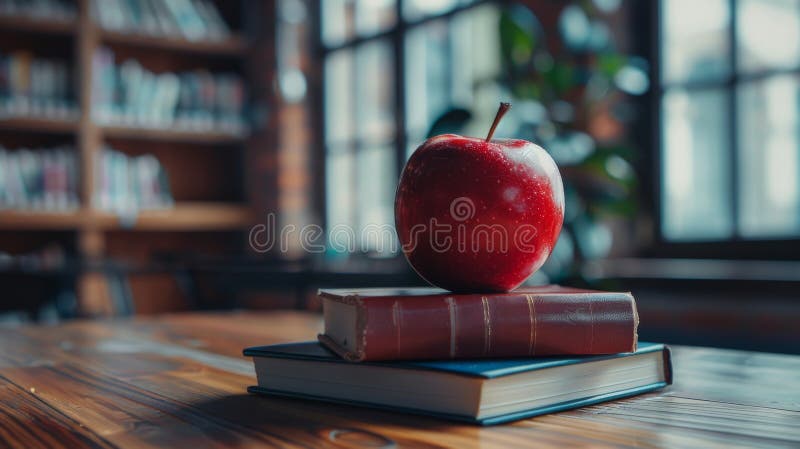 Red Apple Rests Atop Two Books Library Setting Stock Photos - Free ...