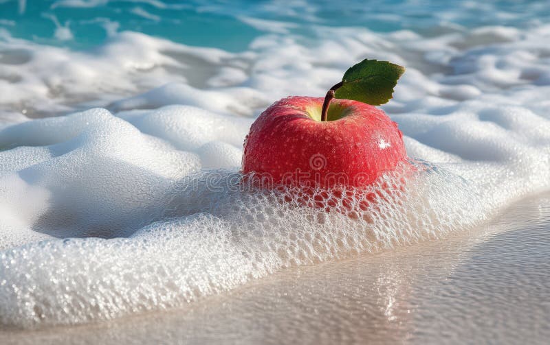 A Red Apple Rests on the Beach Surrounded by White Foam. Stock Image ...