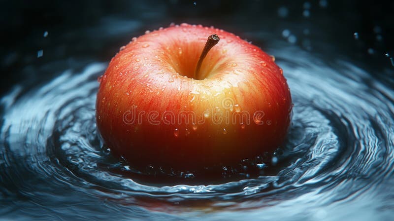 A Red Apple Rests on the Water, with Ripples and Droplets Creating a ...