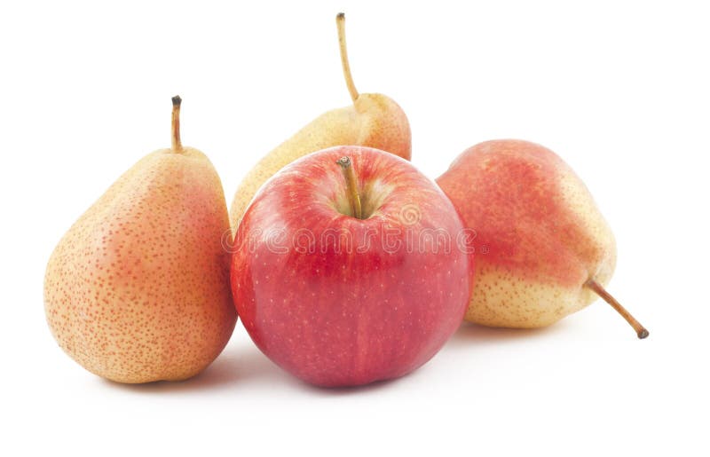 Red Apple and Ripe Pears on White Stock Photo - Image of yellow, pears ...