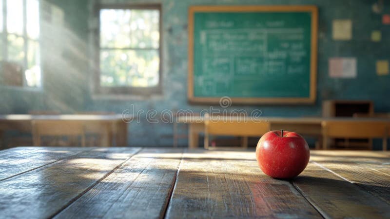 Red Apple Sits on Desk in Empty Classroom with Sunlight Streaming ...