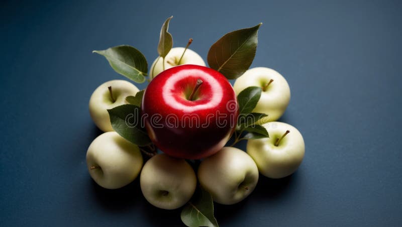 A Red Apple Sits Surrounded by White Apples and Green Leaves on a Dark ...