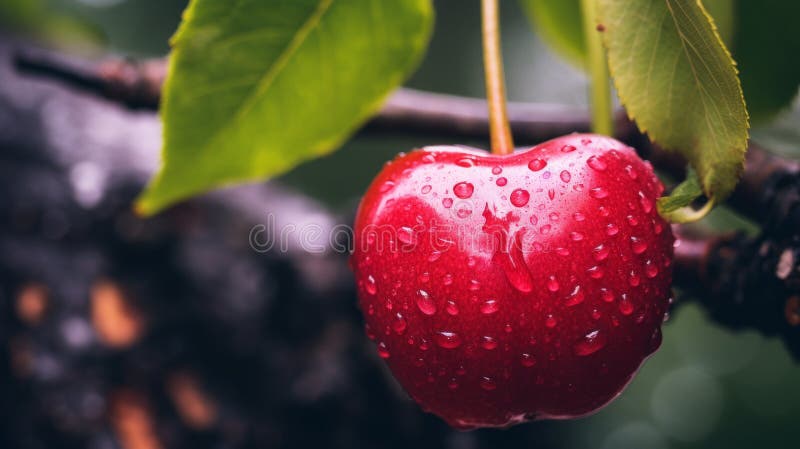 Dark Red and Dark Magenta Apple on Tree with Water Drops Stock ...