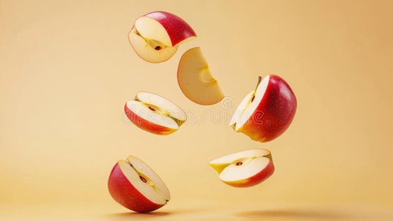 Red Apple Slices Falling, Juicy Fruit Photography Stock Illustration ...