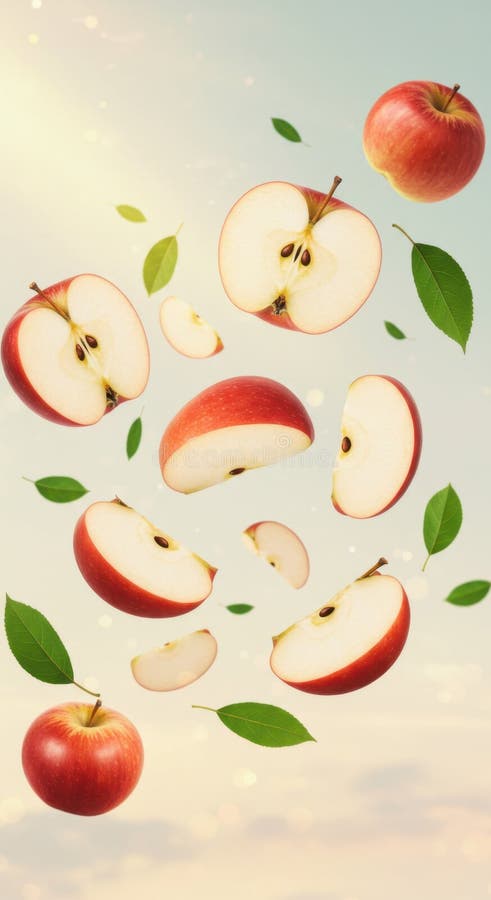 Red Apple Slices Falling on Light Pastel Background Stock Illustration ...