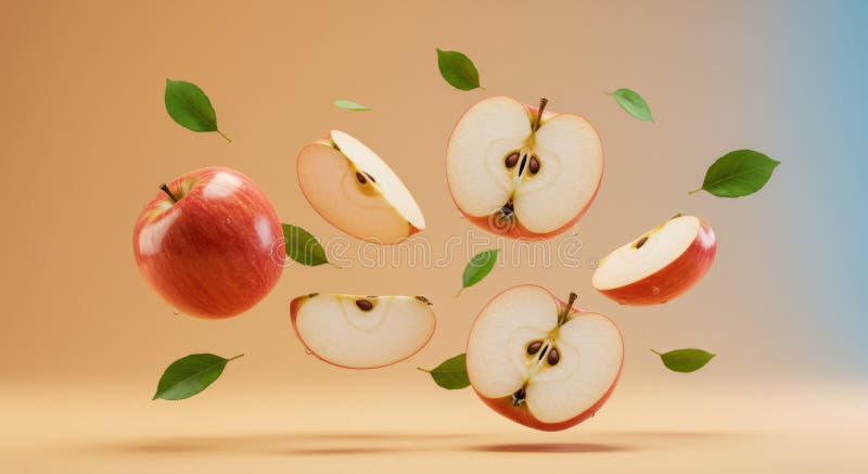 Red Apple Slices and Leaves Floating on Orange and Blue Background ...