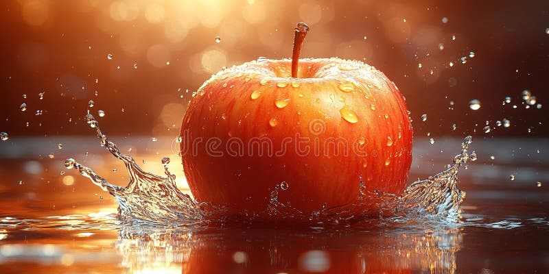 Red Apple Splashes into Water, Creating Droplets Under Sunlight during ...