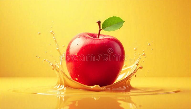 Red Apple Splashing into Golden Juice on Yellow Background Stock ...
