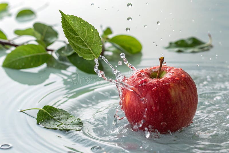 Red Apple Splashing in Water with Green Leaves - Generated by Ai Stock ...
