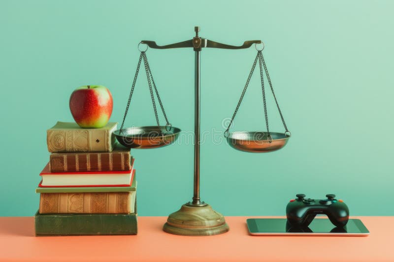 Red Apple on Stack of Books with Balance Scale and Game Controller on ...