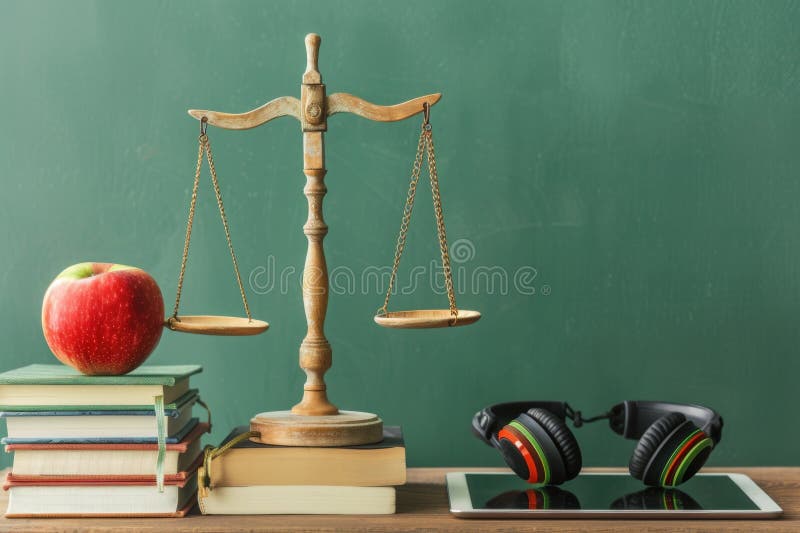 Red Apple on Stack of Books beside Balance Scale with Headphones and ...