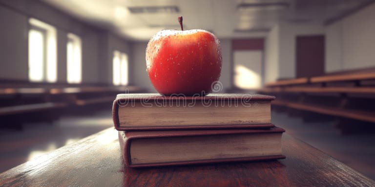 Red Apple on Stack of Books in Classroom Setting Education Knowledge Desk Study Study School ...