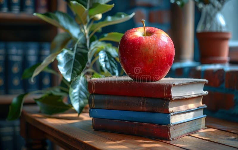 Red Apple on Stack of Books in Library. a Red Apple Rests Atop a Stack ...