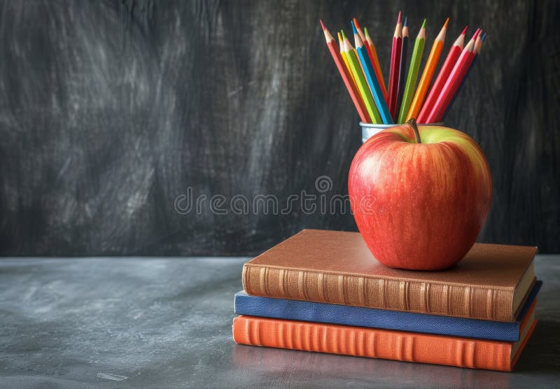 Red Apple on Stack of Books Stock Photo - Image of snack, information ...