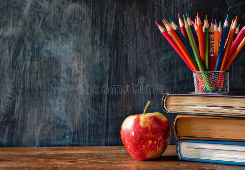 Red Apple on Stack of Books Stock Image - Image of contrast, circular ...