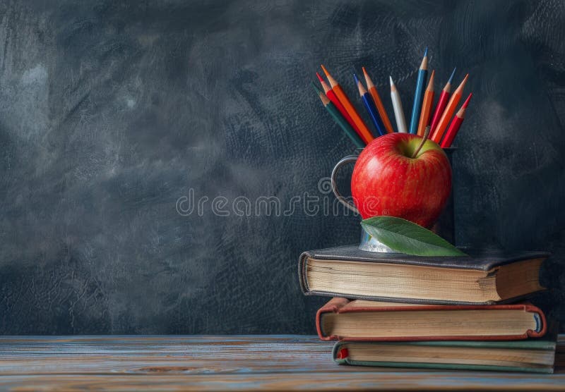 Red Apple on Stack of Books Stock Photo - Image of fruit, healthy ...