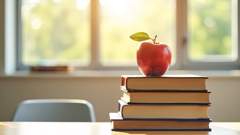 Red Apple on Book Stack in Front of Window Stock Illustration ...