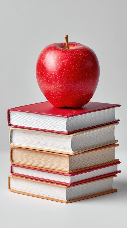 Red Apple on Stack of Colorful Books Symbolizing Learning and Knowledge ...