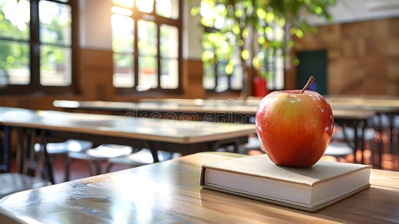 Red Apple on Stacked Books in an Empty Classroom, Back To School ...