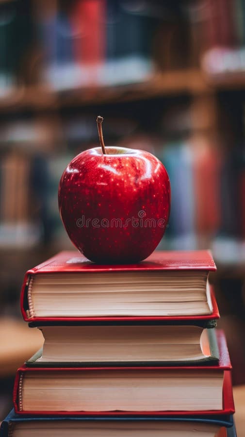 Red Apple on Stacked Books in a Library, Academic Learning and ...