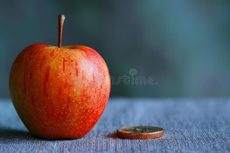 Red Apple Standing Near Small Coin on Gray Surface Stock Photo - Image ...