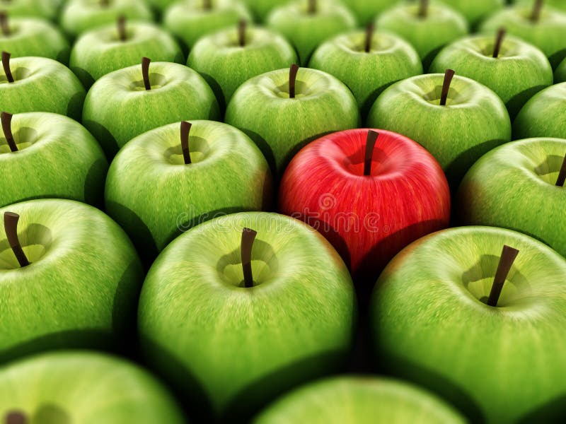 Red Apple Standing Out from Green Apples. 3D Illustration Stock ...
