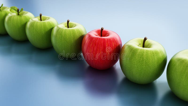 Red Apple Standing Out from Green Apples. 3D Illustration Stock ...