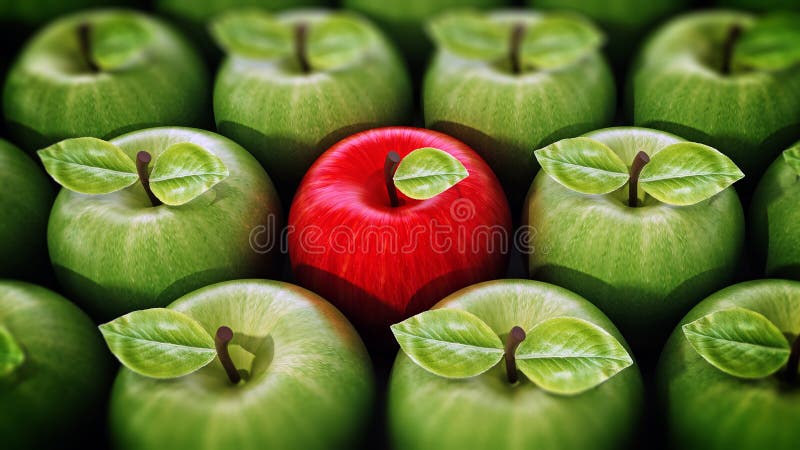Red Apple Standing Out from Green Apples. 3D Illustration Stock ...