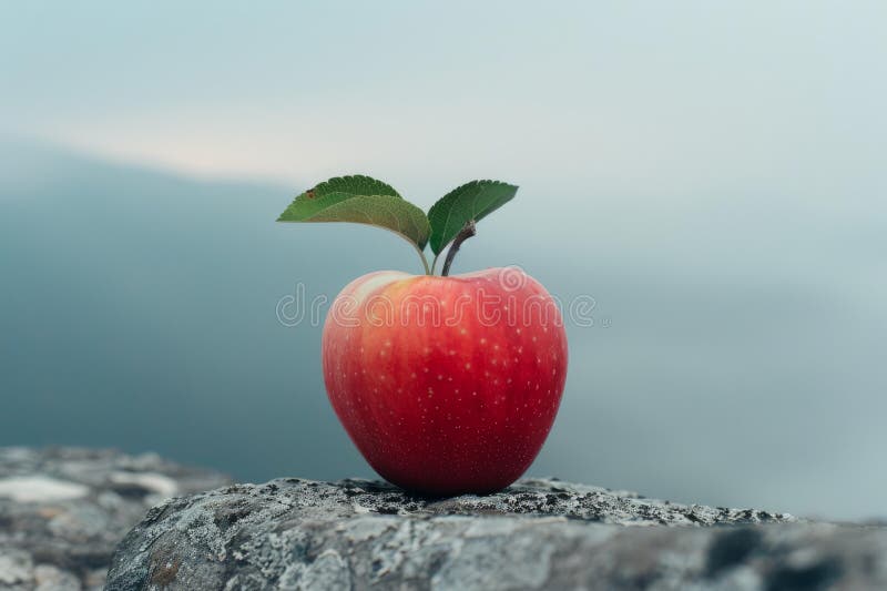 Red Apple Standing on a Rock in Front of Misty Mountains Stock Photo ...