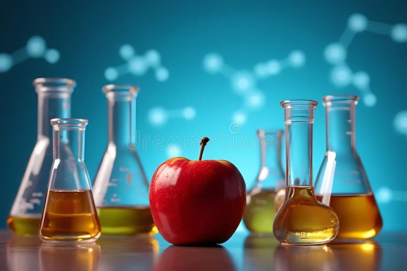A Red Apple Stands Surrounded by Flasks with Various Liquids Science ...