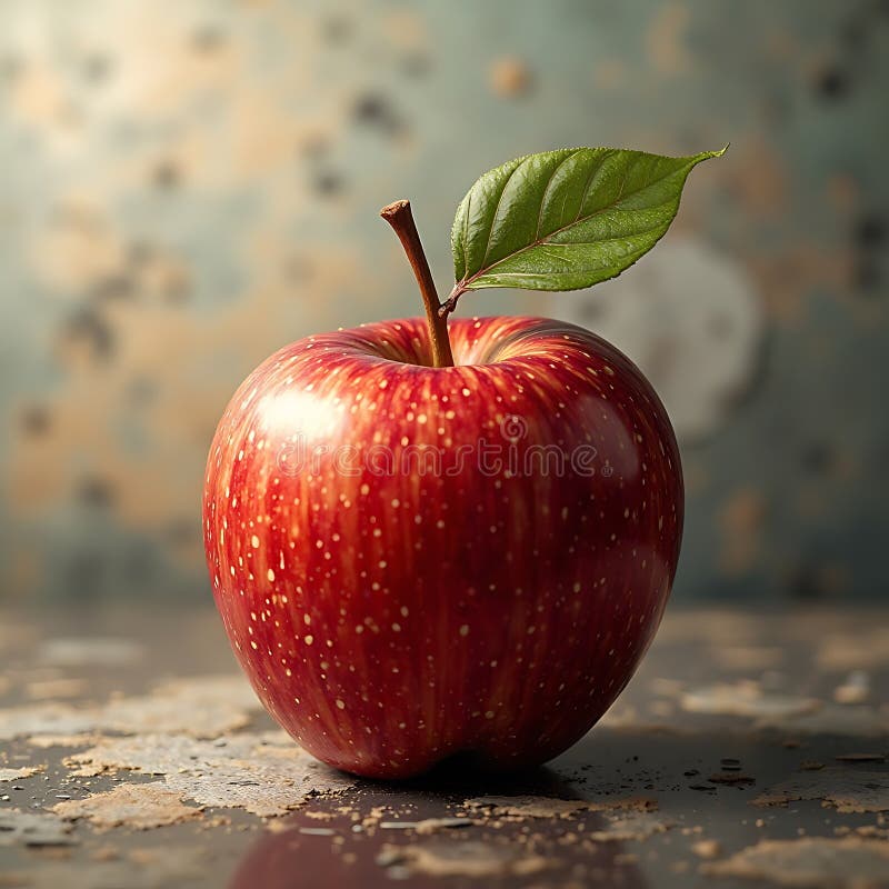 Red Apple with Stem and Leaf on Textured Surface Still Life Stock ...