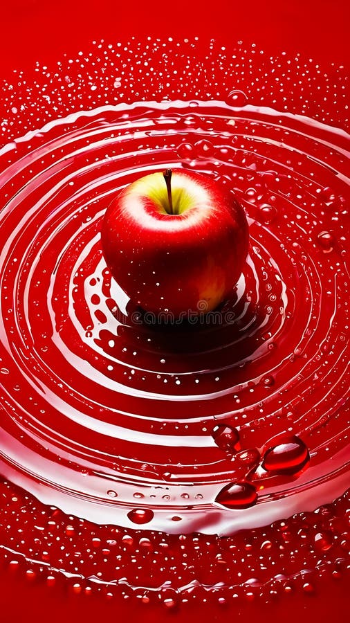 A Red Apple Submerged in a Swirling Liquid Environment. the Apple is on ...