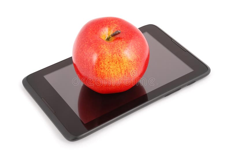 Red Apple on a Tablet PC (Clipping Path) Stock Photo - Image of copy ...