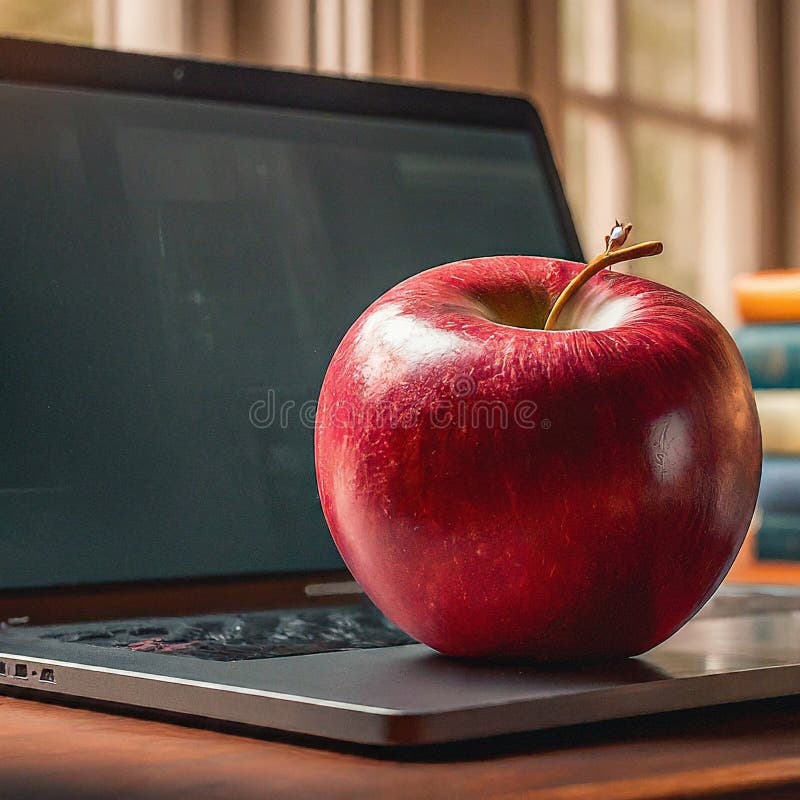 Red Apple on Top of a Laptop Computer Stock Photo - Image of home ...