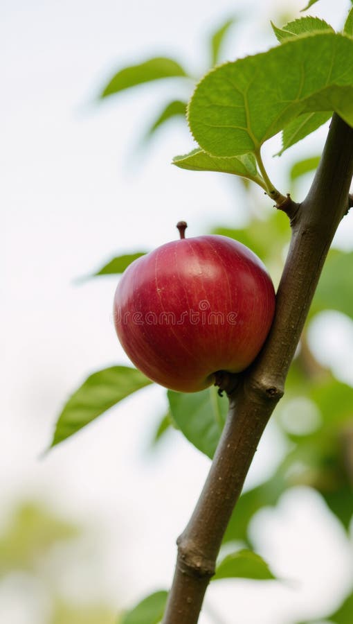 Red Apple on Tree Branch Detailed Focus on Leaves Stock Illustration ...
