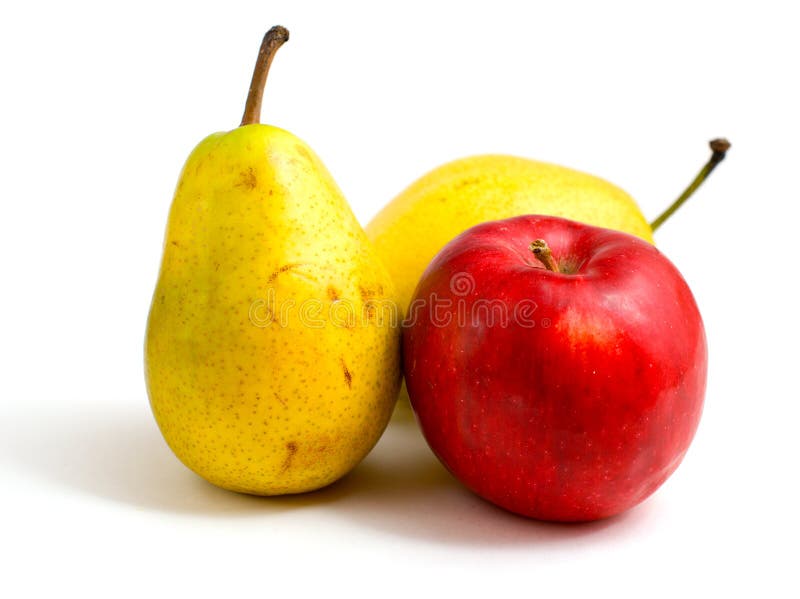 Red Apple and Two Yellow Pears Stock Photo - Image of fresh, white ...
