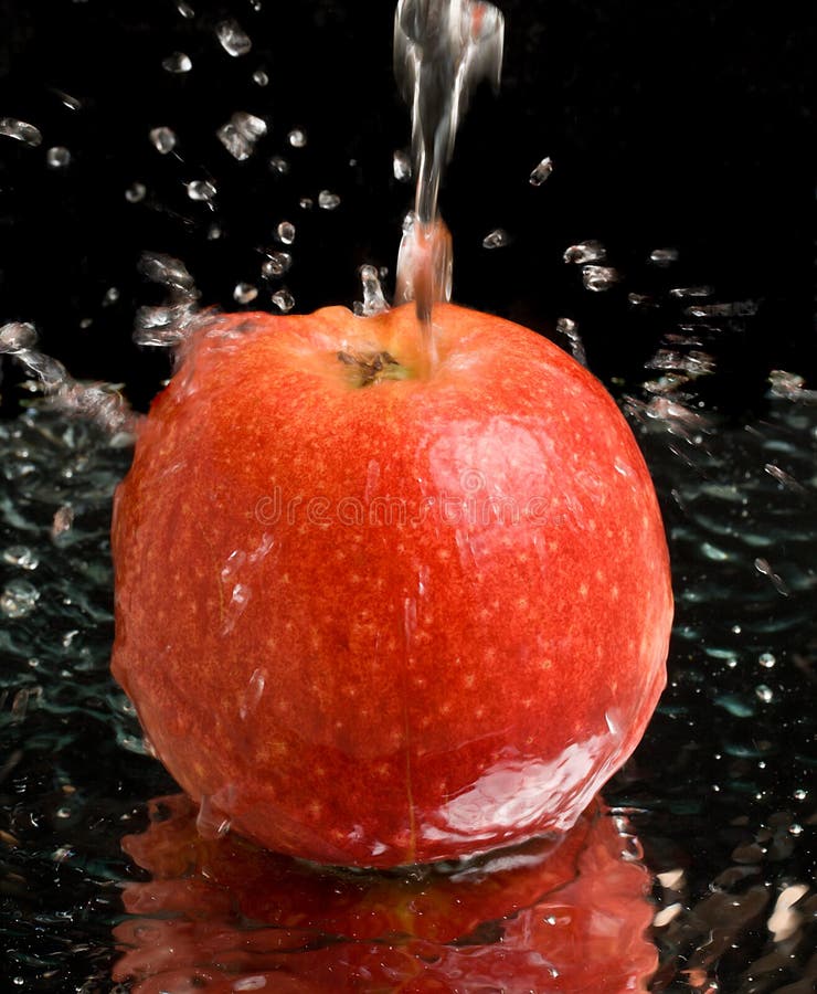 Red Apple Under Water Stream with Splashes Stock Photo - Image of ...