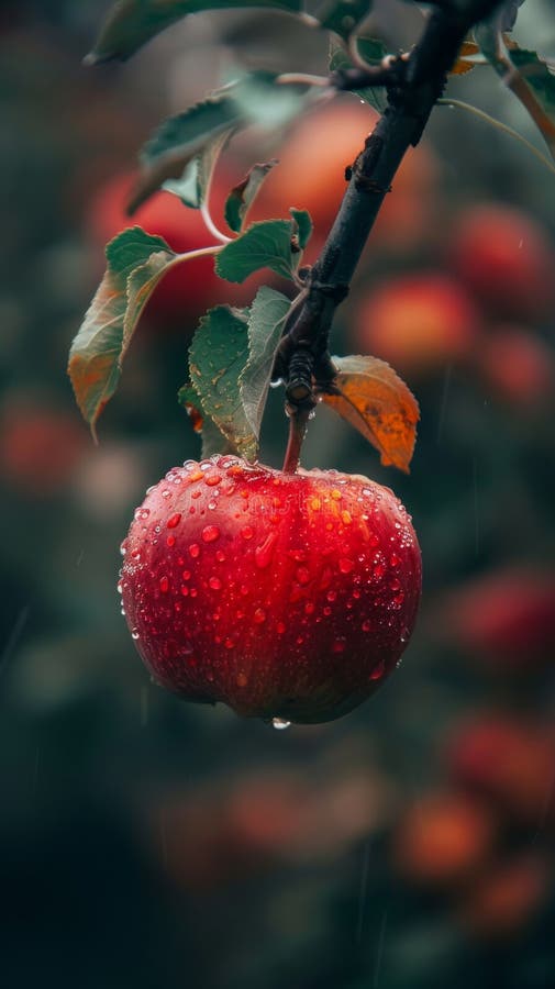 Red Apple with Water Droplets on Tree Branch Stock Photo - Image of ...