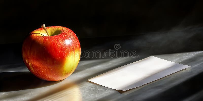 A Red Apple and a White Rectangular Piece of Paper on a Dark Surface ...