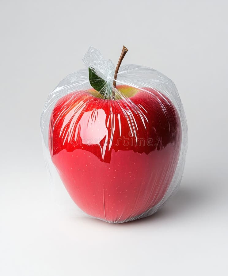 Red Apple Wrapped in Plastic Stock Illustration - Illustration of green ...