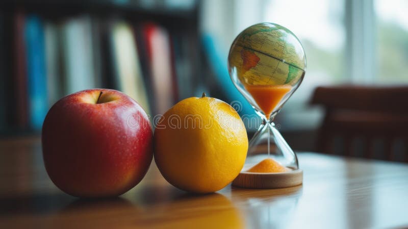Red Apple, Yellow Lemon, and Hourglass with World Map on Wooden Table ...