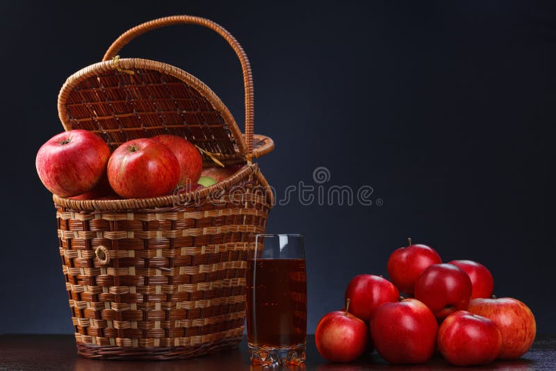 Red Apples in a Basket and Apple Juice Stock Photo - Image of ripe ...