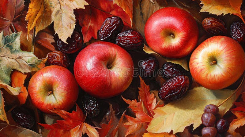 Red Apples and Dates on Autumn Leaves Stock Illustration - Illustration ...