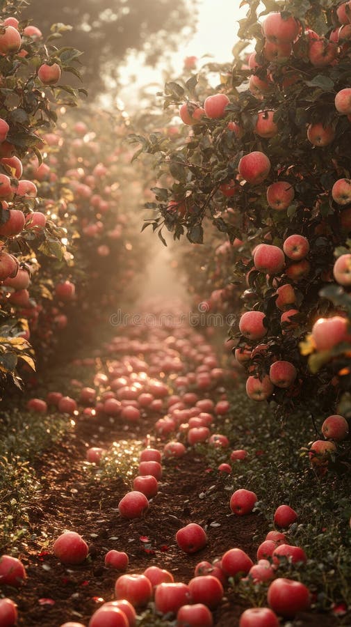 Red Apples Falling from Trees in Orchard - Realistic Photo Stock ...