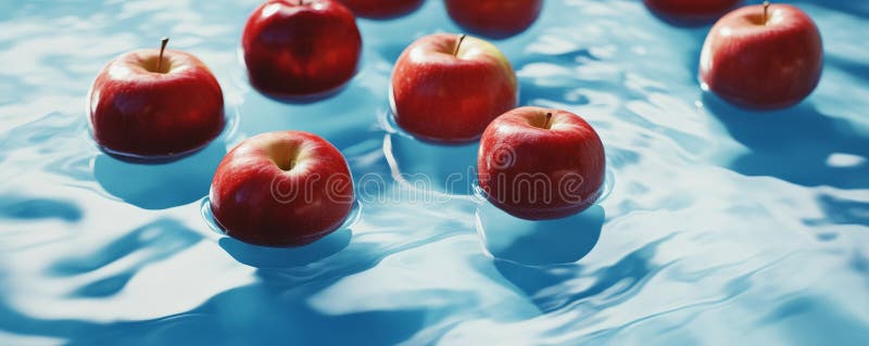 Red Apples Floating on Blue Water, Natural Freshness Concept Stock ...