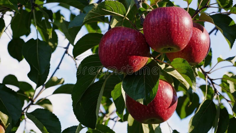Red Apples Growing on Tree Branch with Sunlight through Leaves Stock ...
