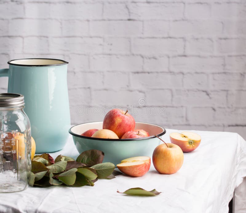 Red Apples in the Kitchen. Preparation for Cooking Apple Jam Stock ...