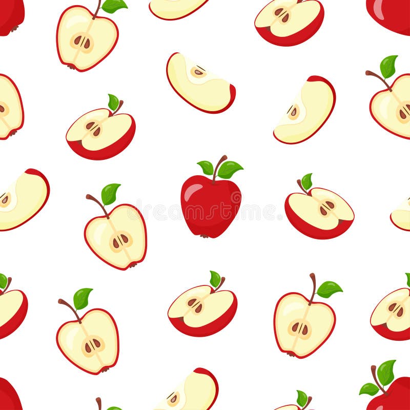 Red Apples Pattern. Cross Section of Cut Apple, Slices and Whole Fruit ...